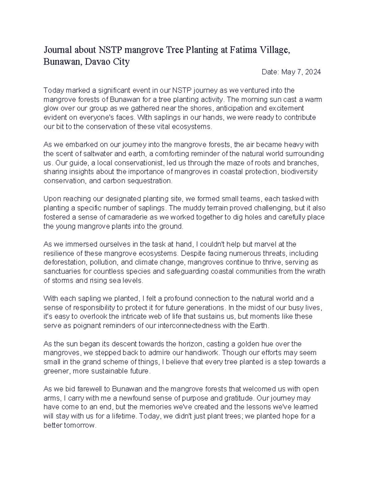 Journal about NSTP mangrove Tree Planting at Fatima Village - The ...