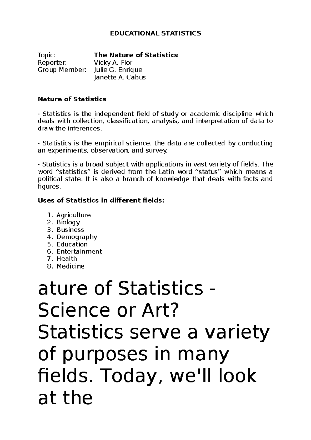 Nature-OF- Statistics - EDUCATIONAL STATISTICS Topic: The Nature of ...
