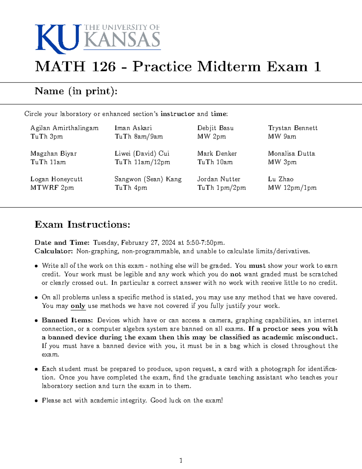 MATH 126 Practice Midterm 1 Spring 2024 - MATH 126 - Practice Midterm Exam 1 Name (in print ...