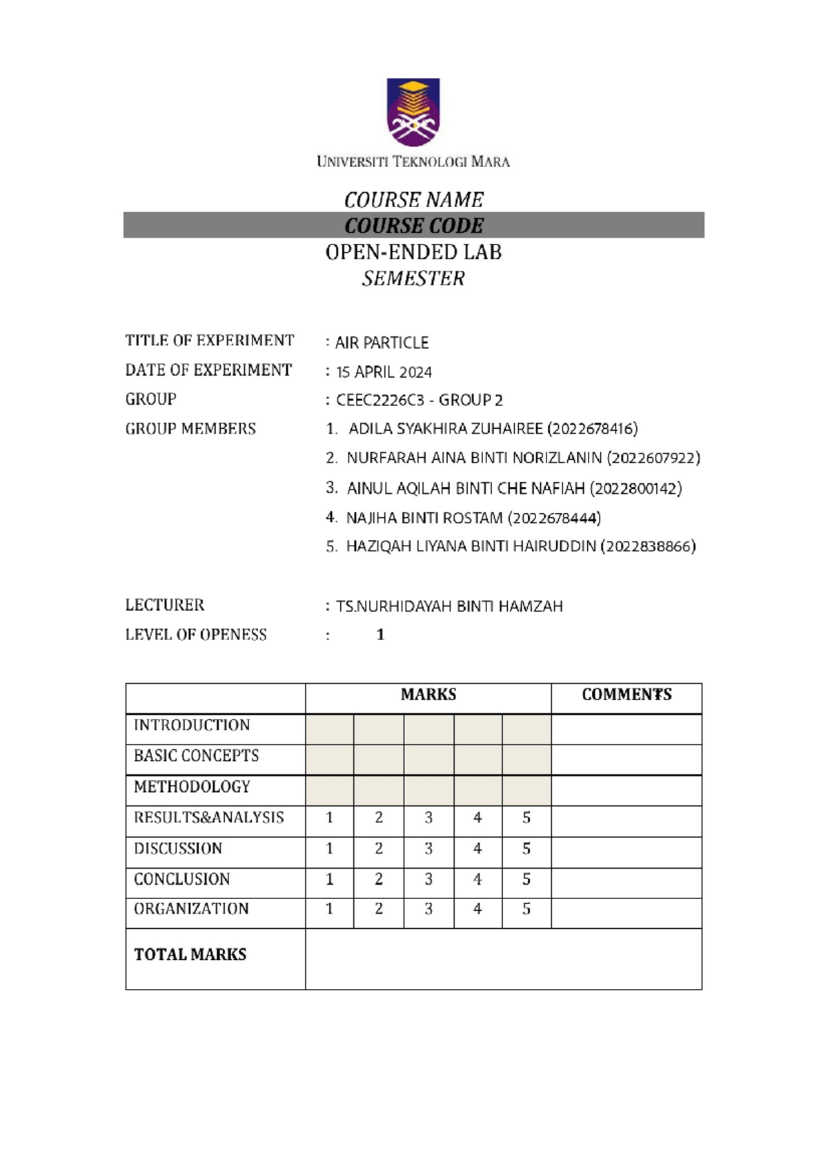 OEL LAB Report Front PAGE Level 1 - Civil Engineering - Studocu