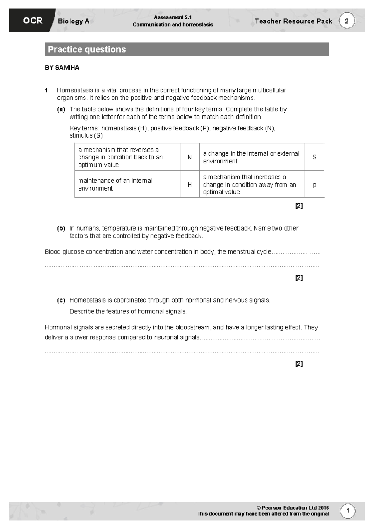 Homeostasis assessment - OCR Biology A Communication and homeostasis ...