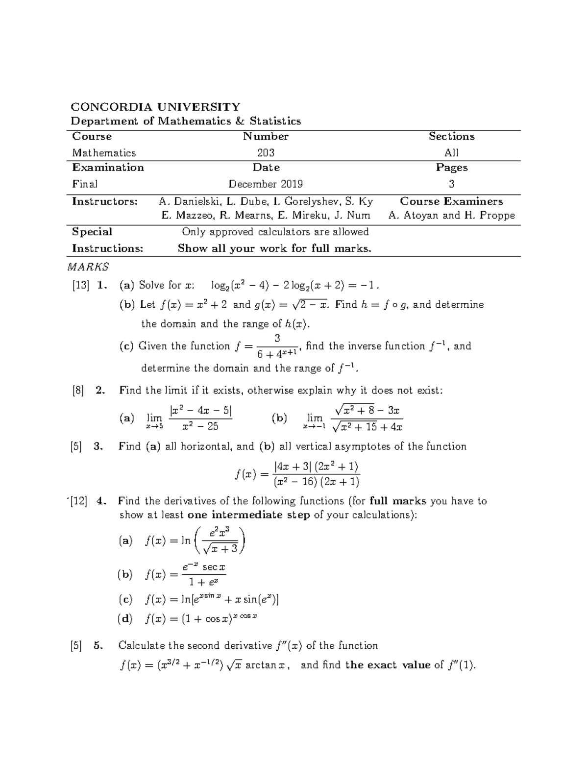 Math203 Final Exam Fall 2019 - CONCORDIA UNIVERSITY Department of ...