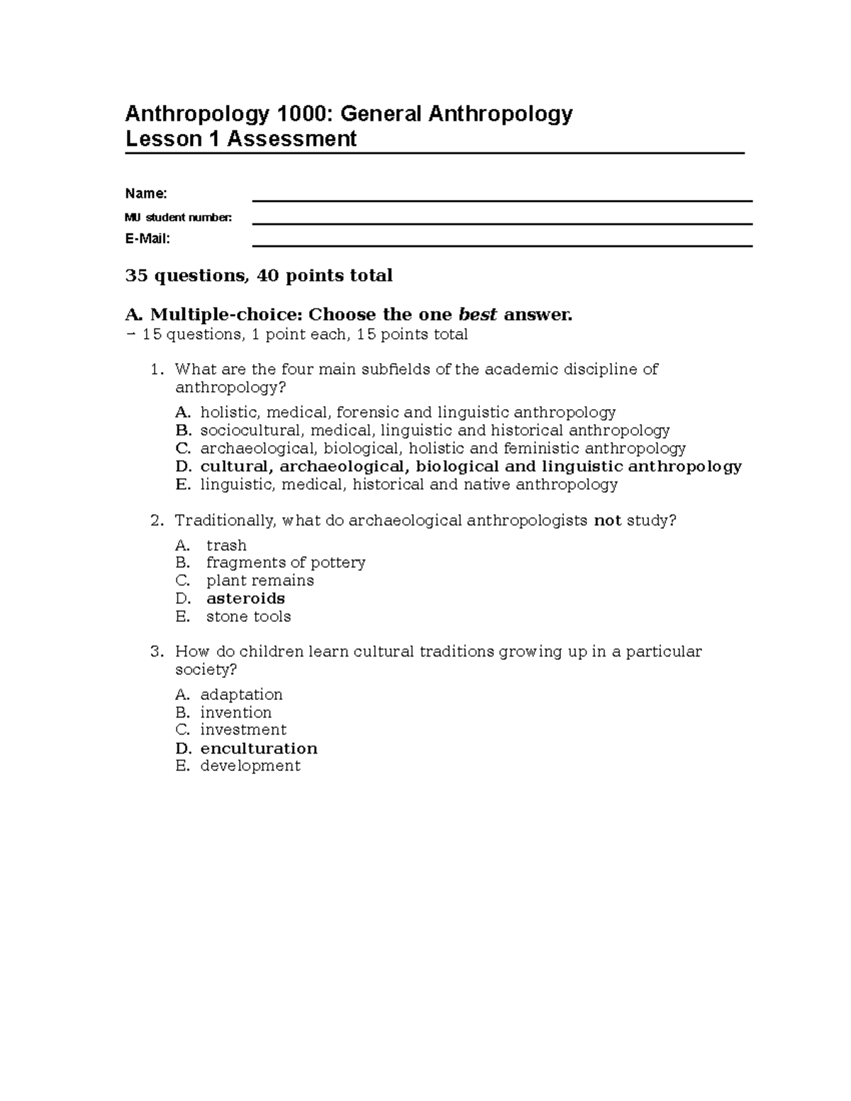 Antro 1000 Lesson 1 Assessment der26b - Anthropology 1000: General ...