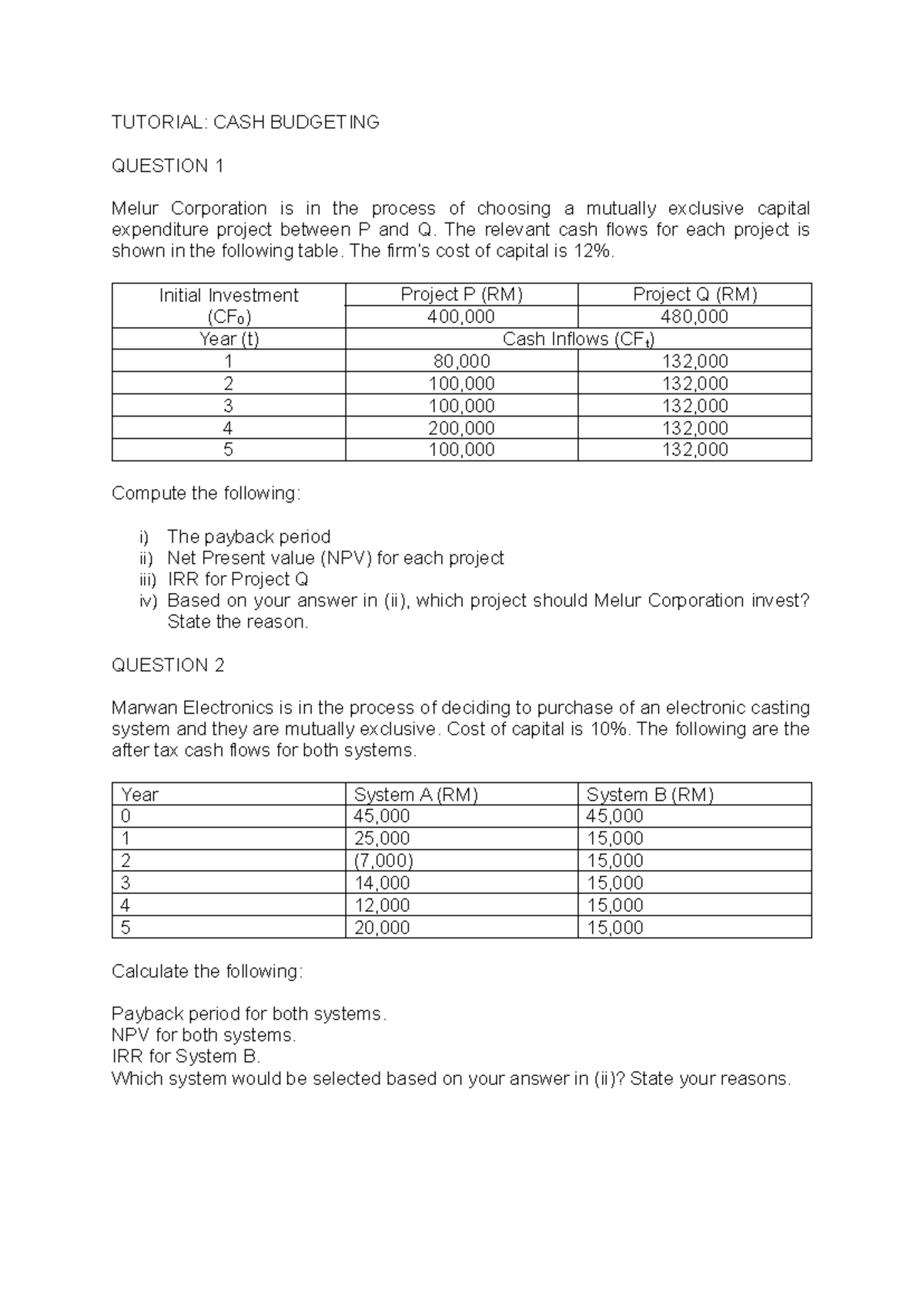 Tutorial Capital Budgeting TVM - TUTORIAL: CASH BUDGETING QUESTION 1 ...
