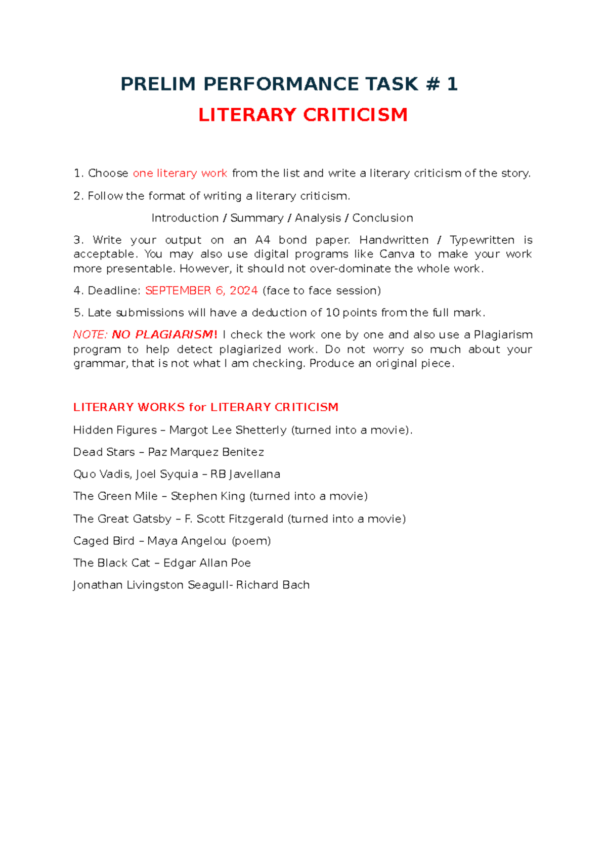 GB Elect PERF TASK 1 Prelim 2024 - PRELIM PERFORMANCE TASK # 1 LITERARY CRITICISM 1. Choose one ...