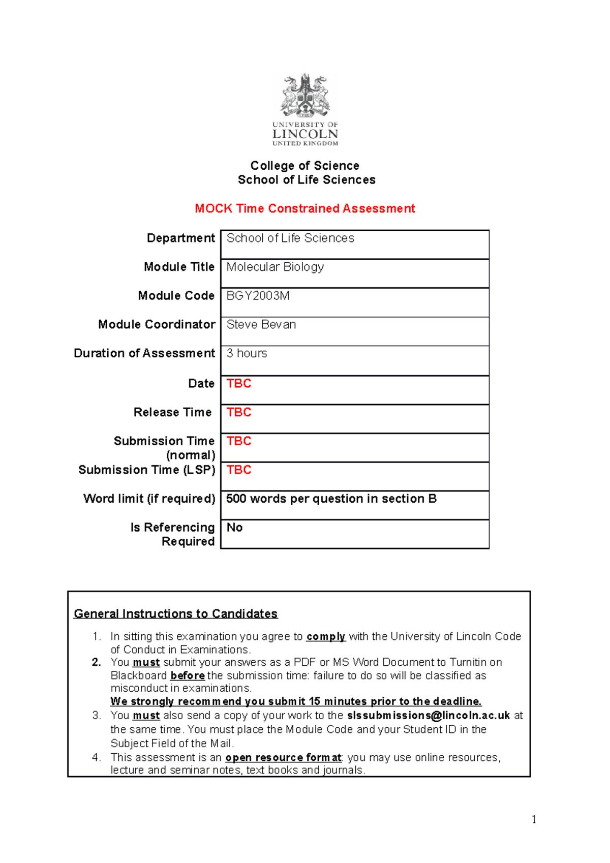 Filled in Mock TCA - Molecular Biology BGY2003 M - College of Science ...