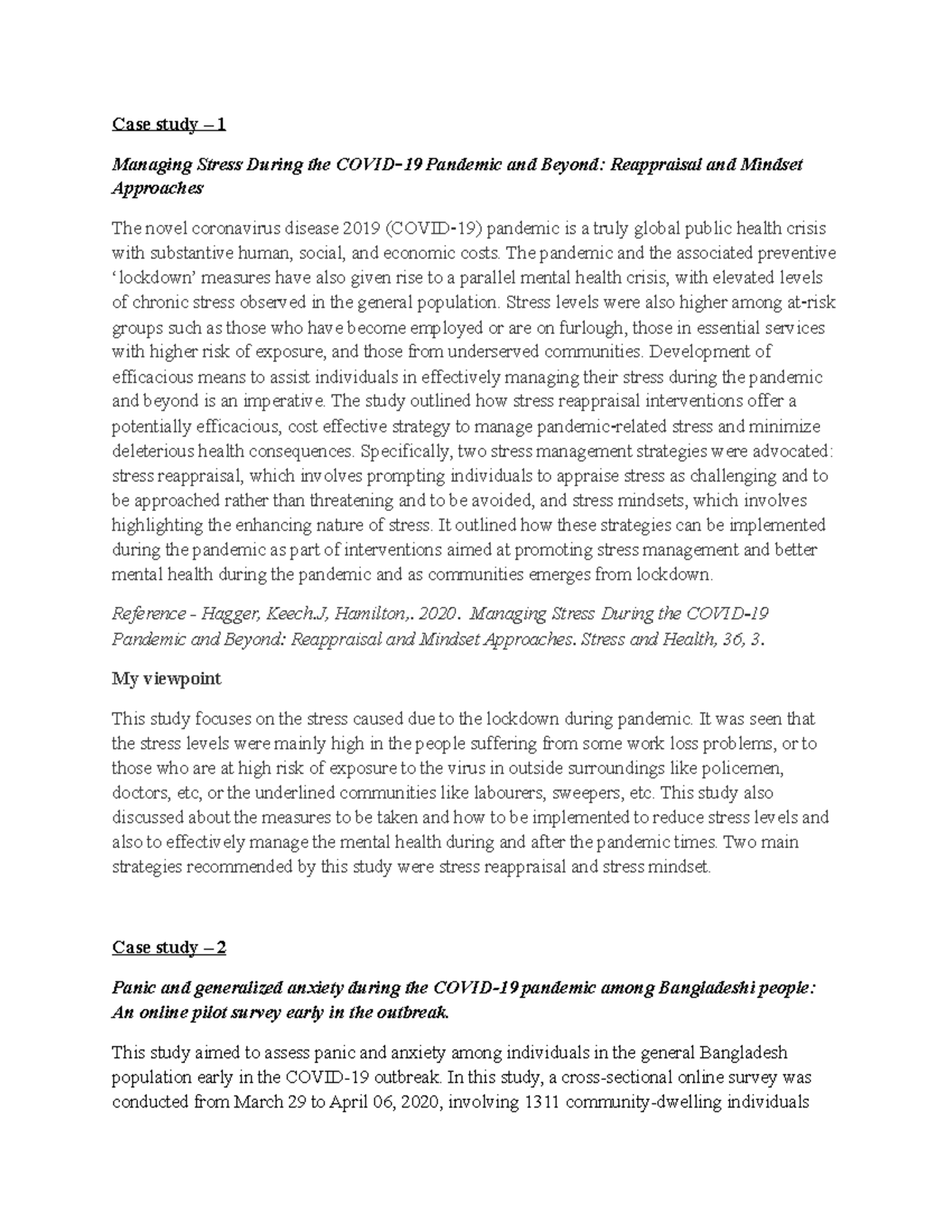 Case study on stress & anxiety - Case study – 1 Managing Stress During ...