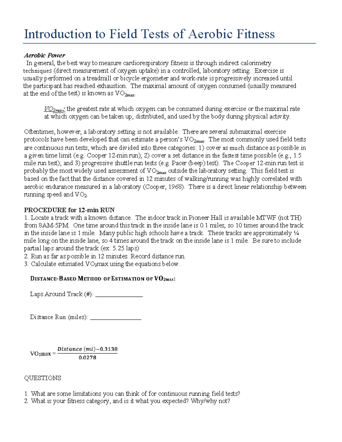 Aerobic Power 12 min run Spring 2022 - Introduction to Field Tests of ...