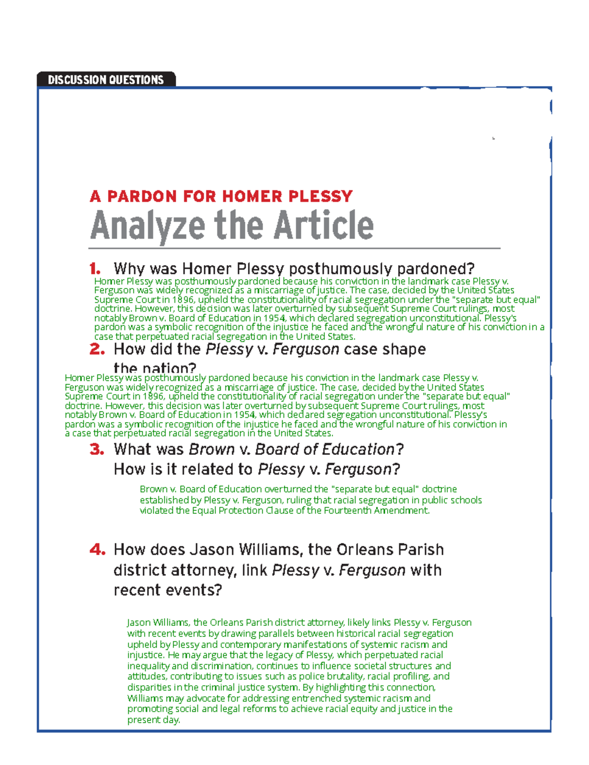 JOSE Cardenas - Pardon Plessy - DISCUSSION QUESTIONS Name Class M A R C ...
