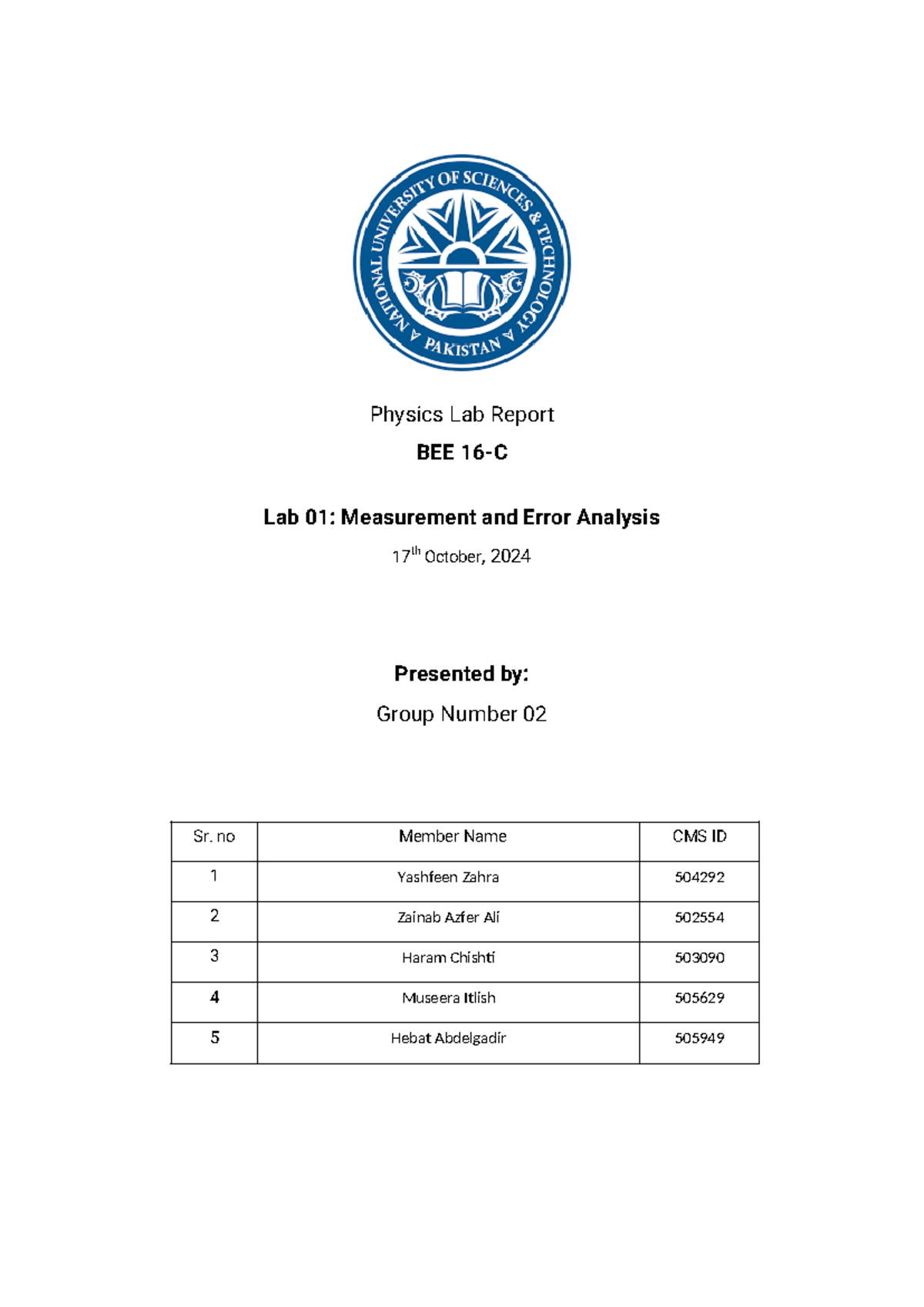 App Phy Lab Report(4) - Applied Physics Lab Report 4 - Physics Lab Report BEE 16-C Lab 01: - Studocu