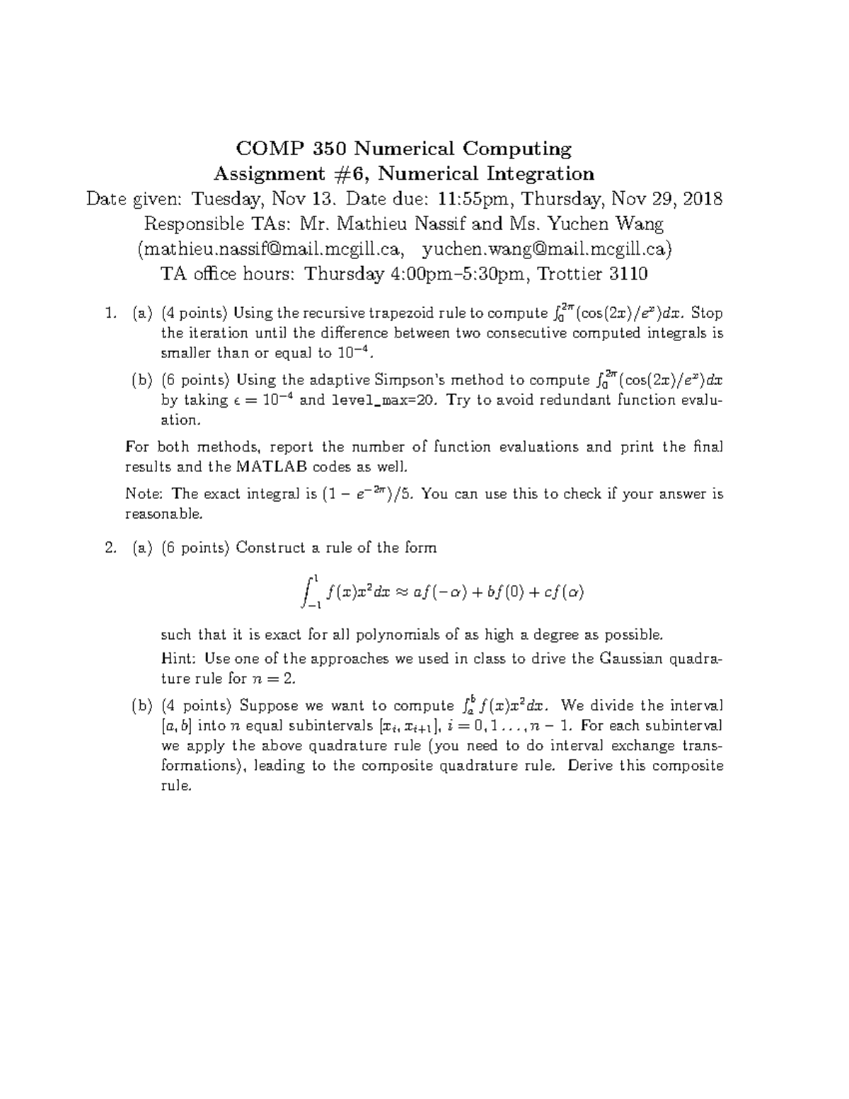 Cswk6 Comp 350 Numerical Computing Assignment 6 Numerical Integration Date Given Tuesday