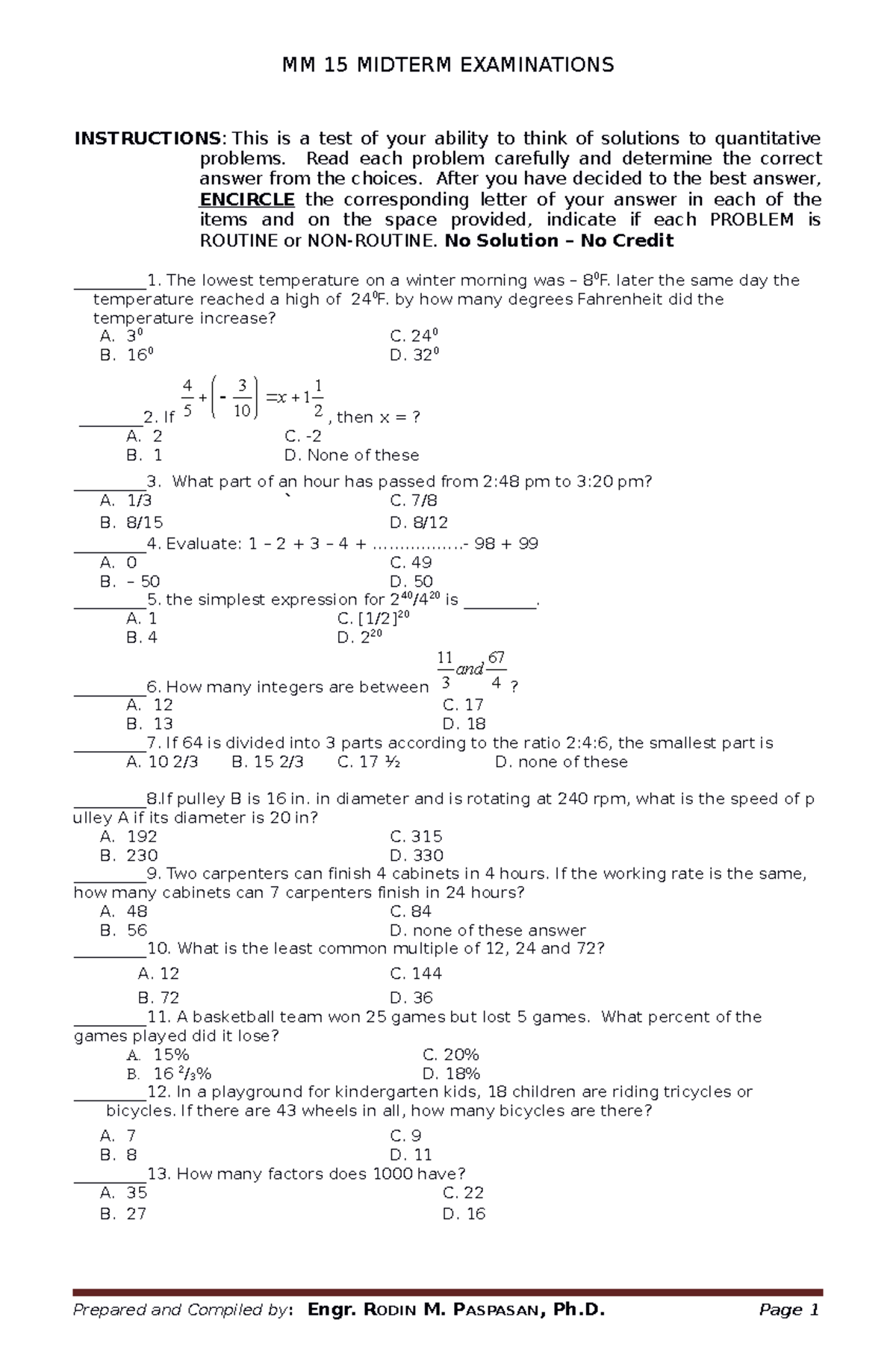 Midterm Examinations - Business Math - MM 15 MIDTERM EXAMINATIONS ...