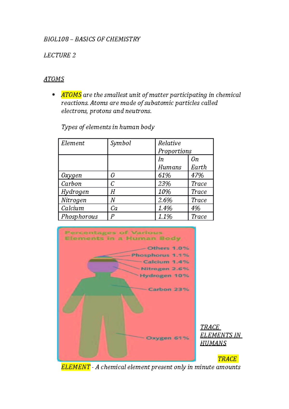 Lecture notes, lectures 2, 3 - BIOL108 – BASICS OF CHEMISTRY LECTURE 2 ...