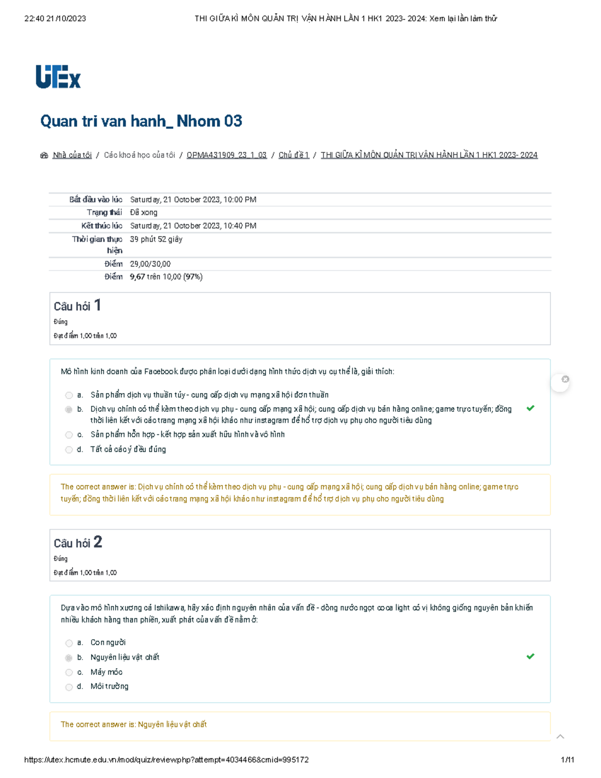 THI GIỮA KÌ MÔN QUẢN TRỊ VẬN HÀNH LẦN 1 HK1 2023- 2024 - Nhà của tôi / Các khoá học của tôi ...