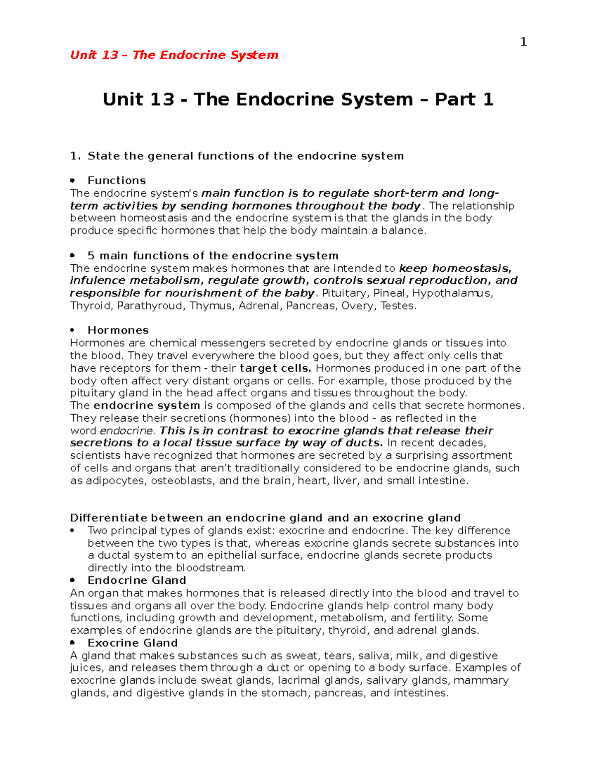 UNIT 13 - Endocrine System - Part 1 - 1 Unit 13 – The Endocrine System ...