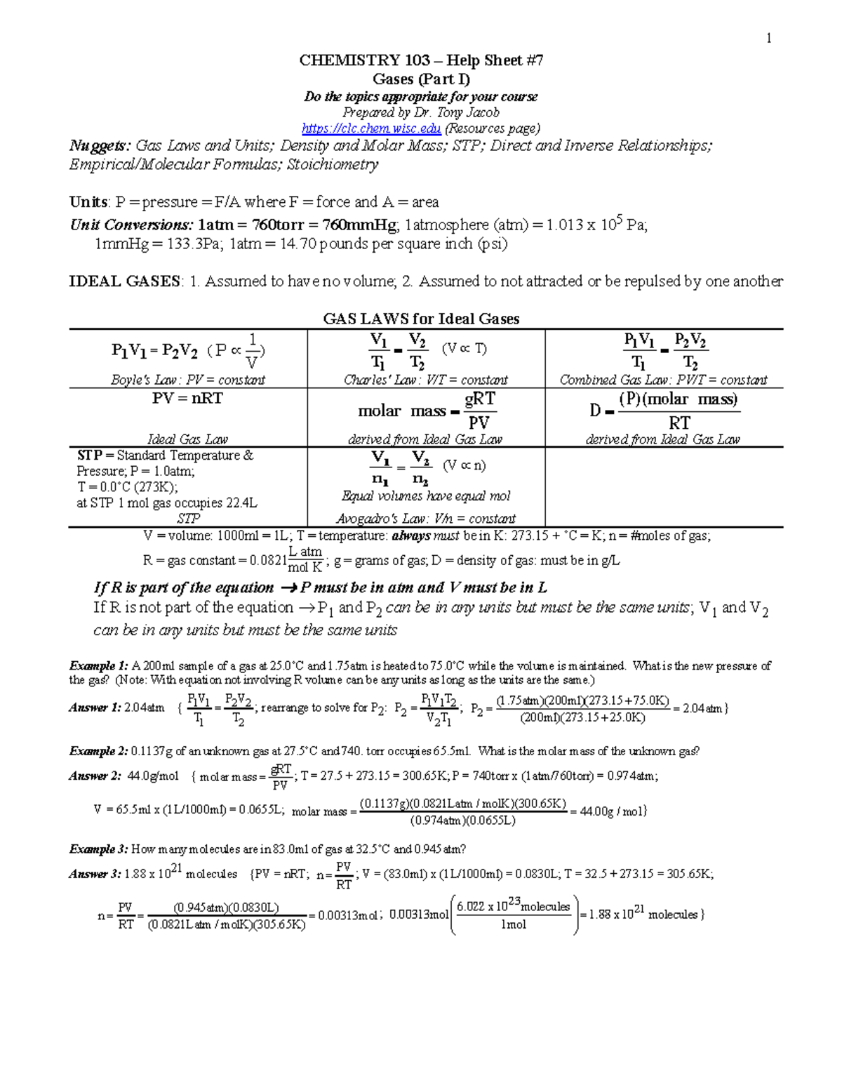 Helpsheet 07 103 - CHEMISTRY 103 – Help Sheet Gases (Part I) Do the ...