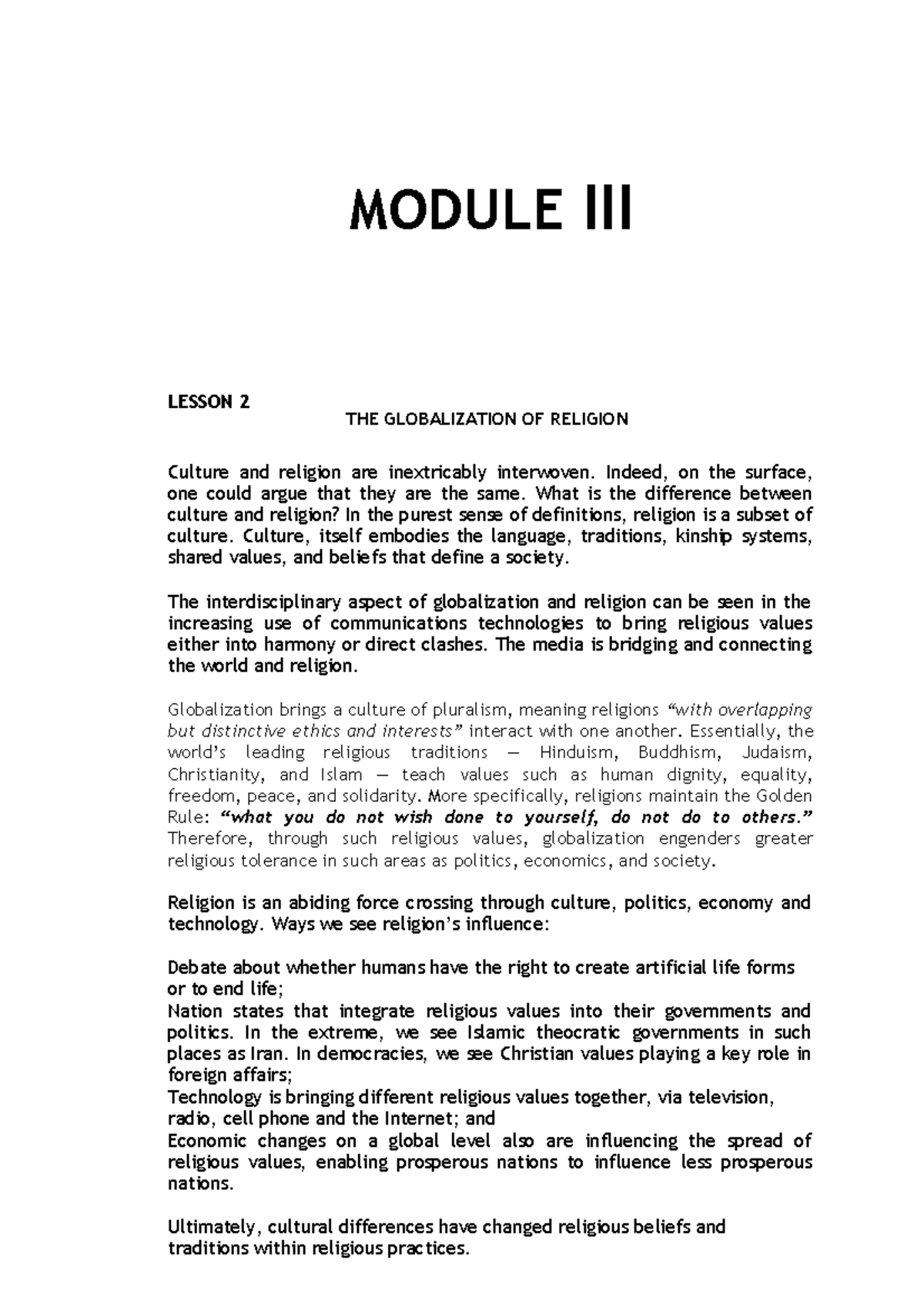 Module 3 Lesson 2 THE Globalization OF Religion - MODULE III LESSON 2 ...