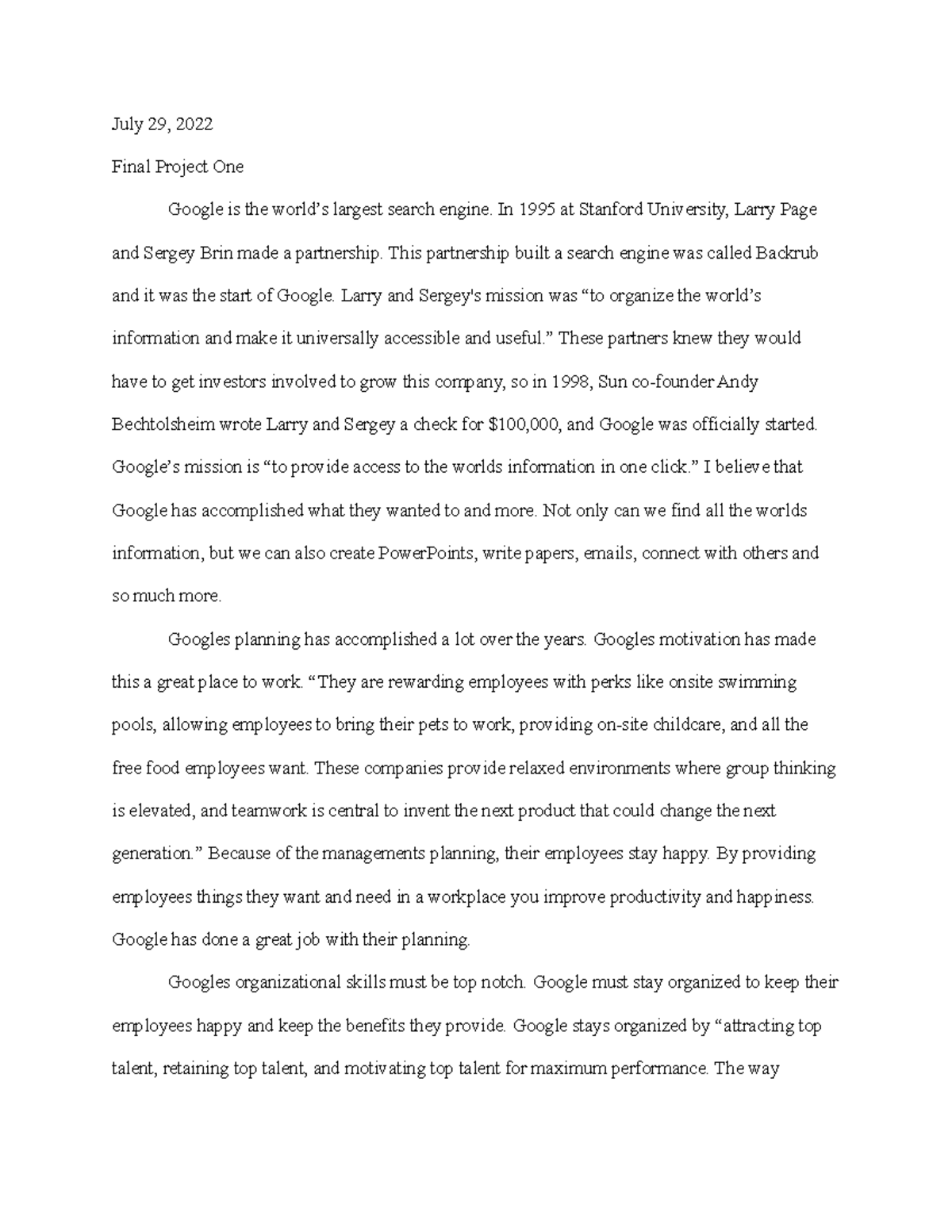 Final Project one - July 29, 2022 Final Project One Google is the world ...