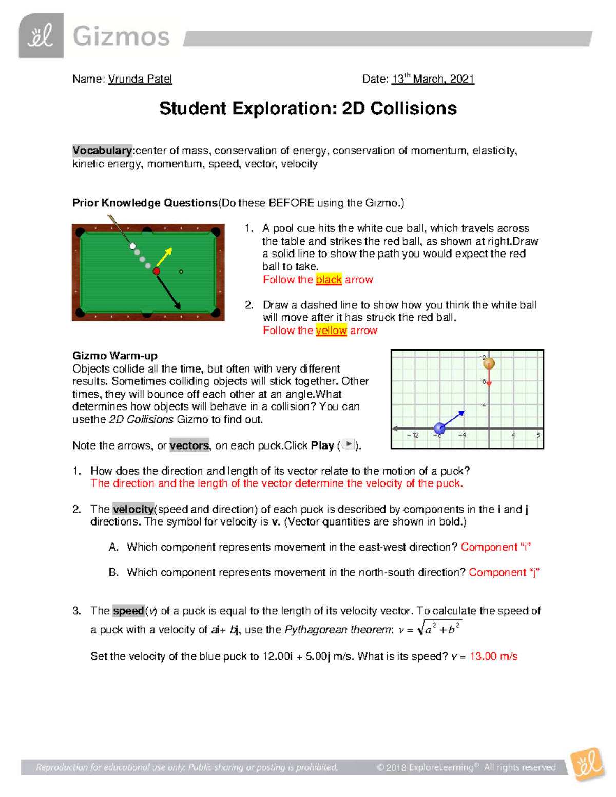 2D collisions lab answers - Name: Vrunda Patel Date: 13 th March, 2021 ...