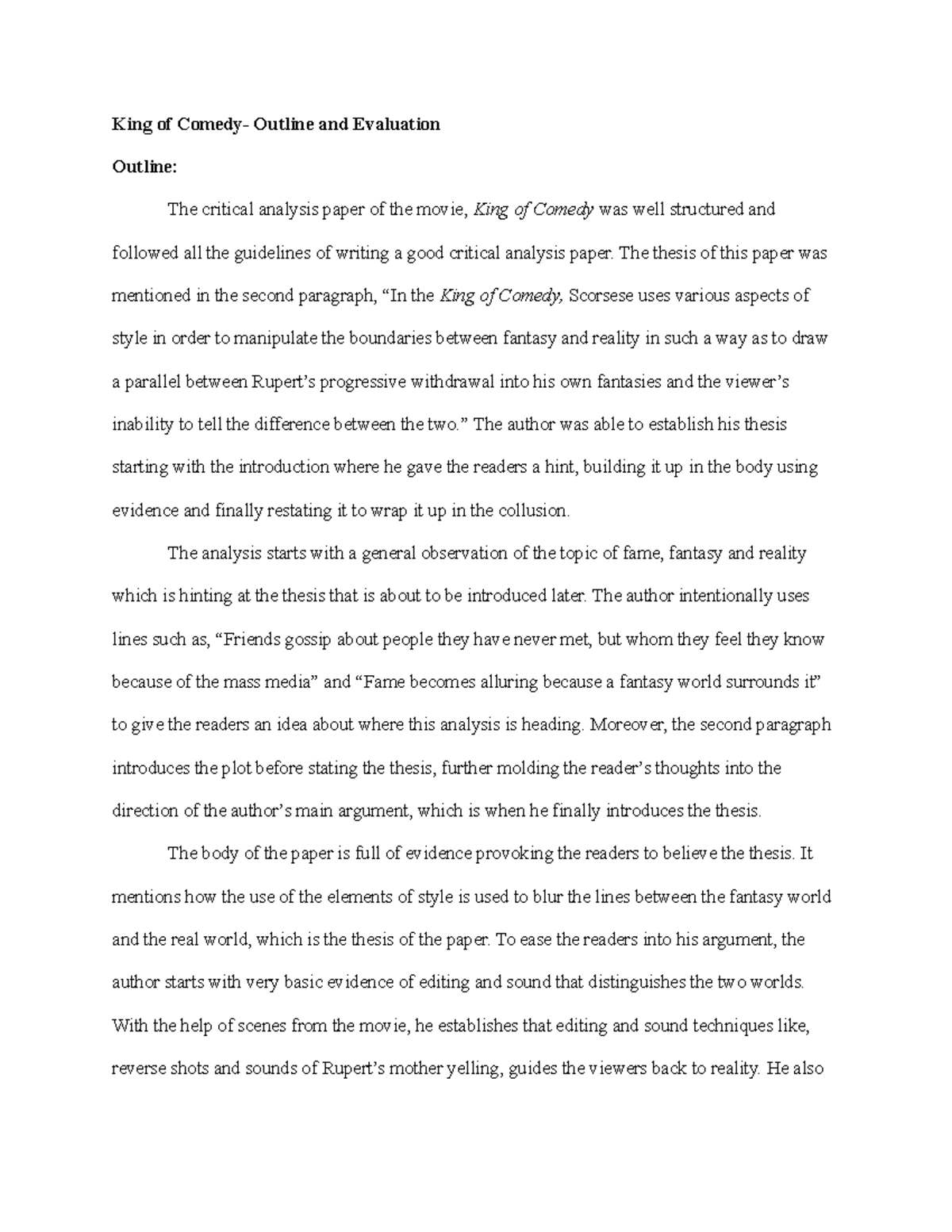 King of Comedy - Professor - Jenny Gunn - King of Comedy- Outline and ...