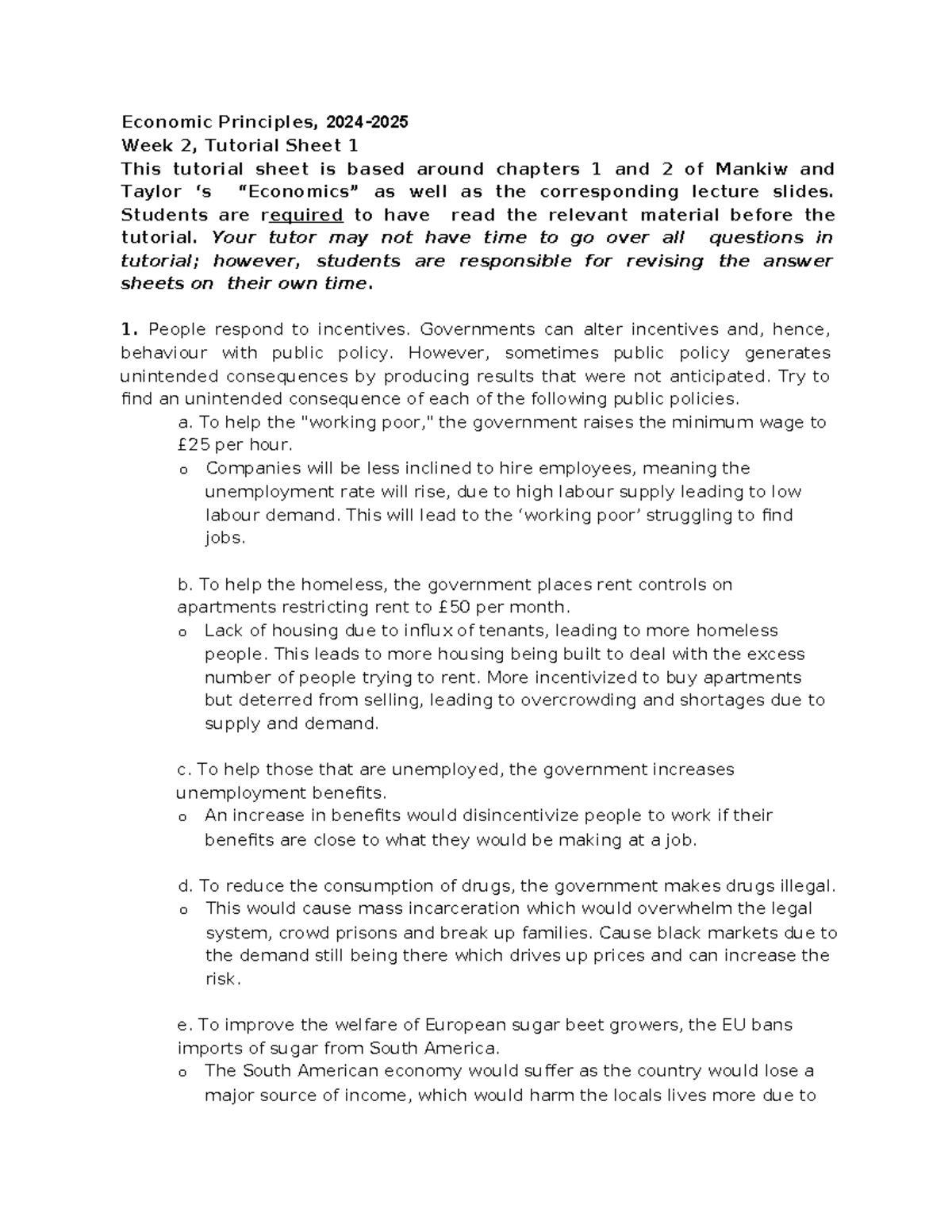 Economic Principles Tutorial 1 - Economic Principles, 2024 - 2025 Week ...