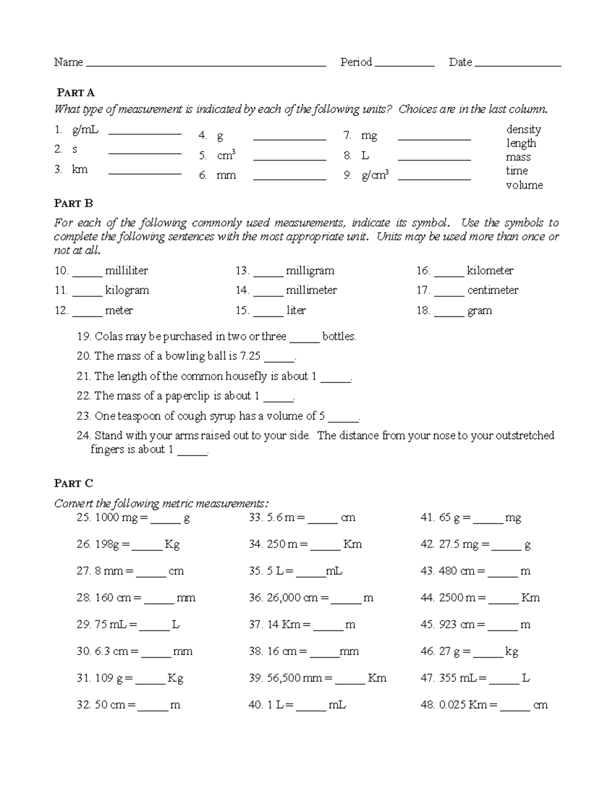SI Units and Density - Name Period Date PART A What type of measurement ...