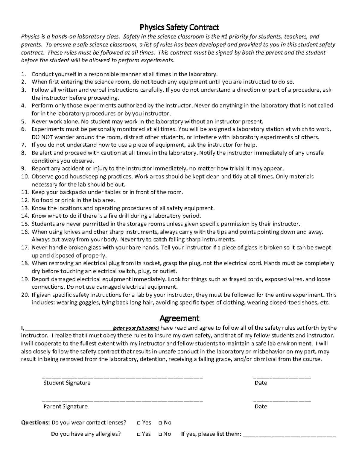 Physics Safety Contract - Physics Safety Contract Physics is a hands-on ...