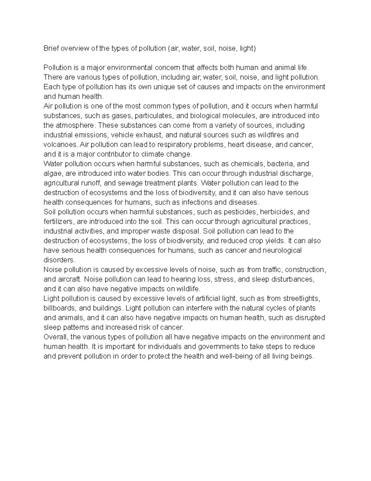 Brief overview of the types of pollution (air, water, soil, noise ...