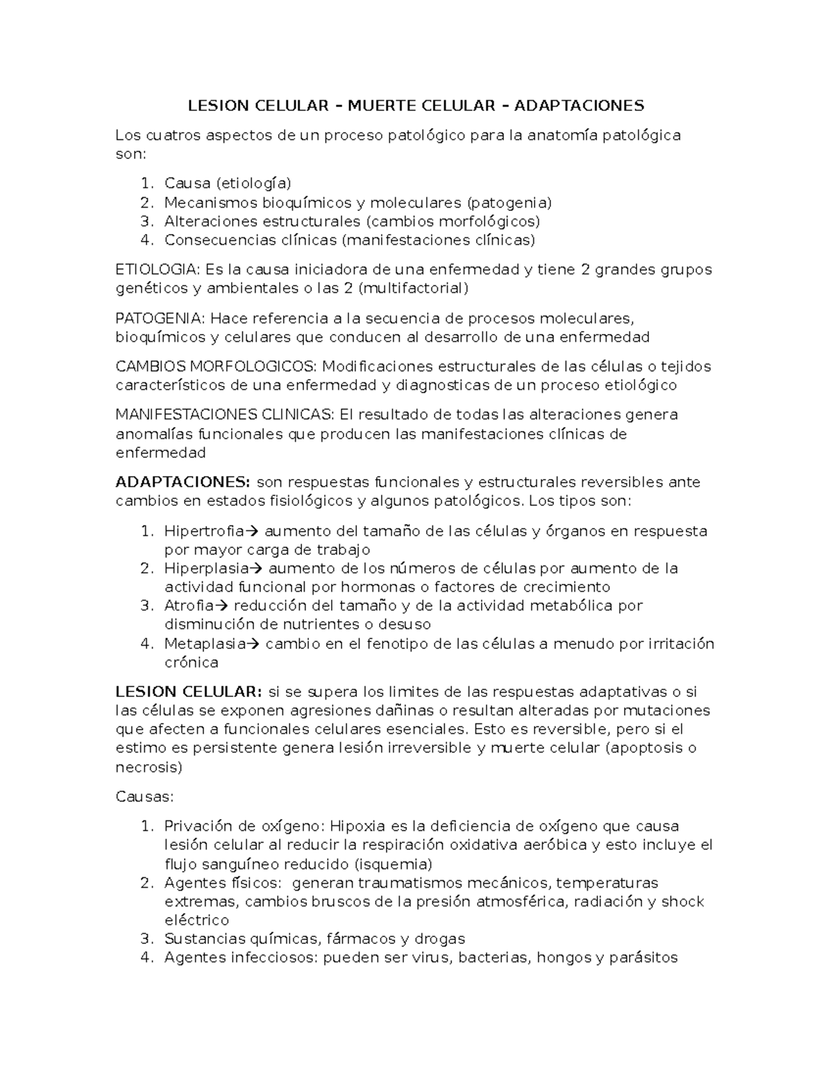 Bases DE Patologia Inicial - LESION CELULAR – MUERTE CELULAR ...