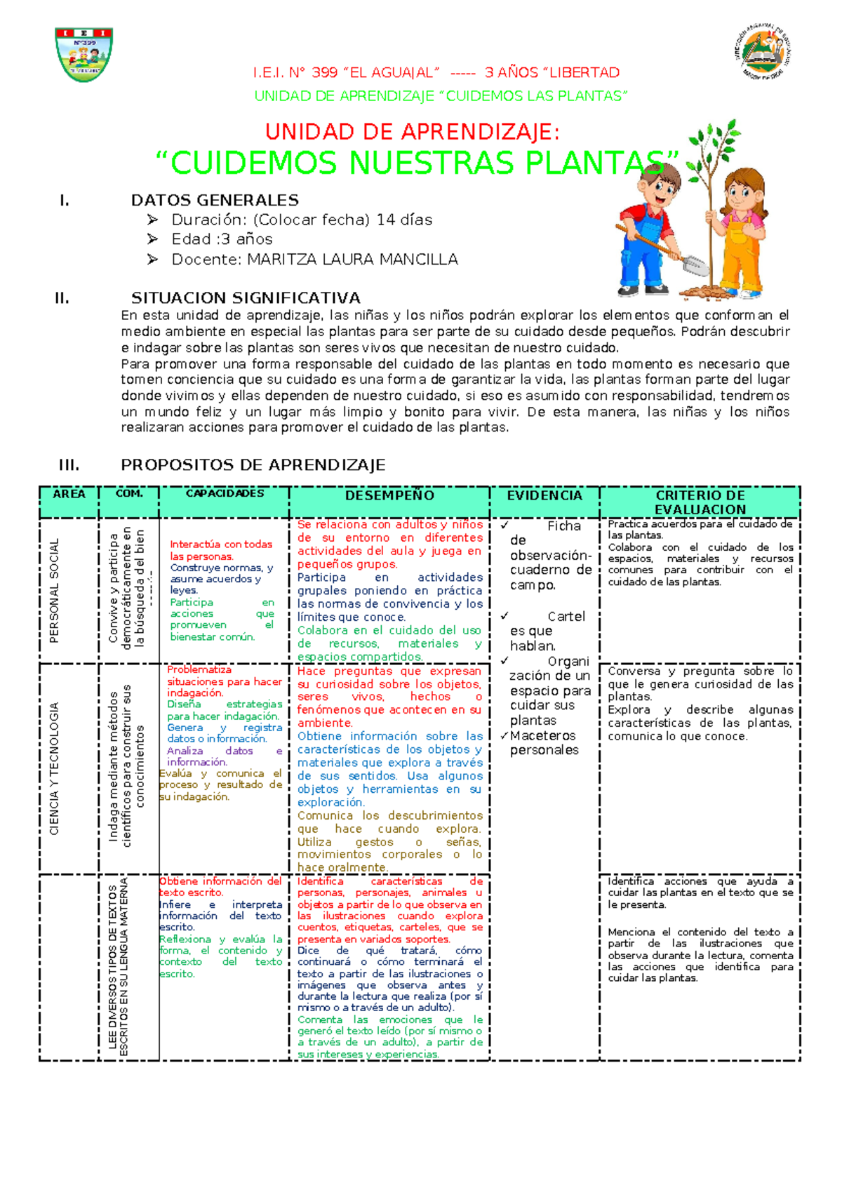LAS Plantas - UNIDAD DE APRENDIZAJE “CUIDEMOS LAS PLANTAS” I. DATOS ...