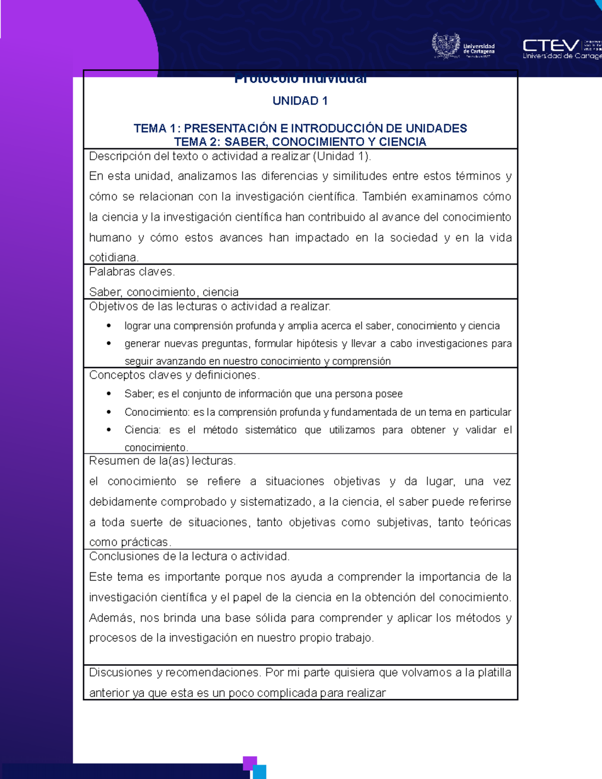 Protocolo Individual - Investigación I - Protocolo individual UNIDAD 1 TEMA 1: PRESENTACIÓN E ...