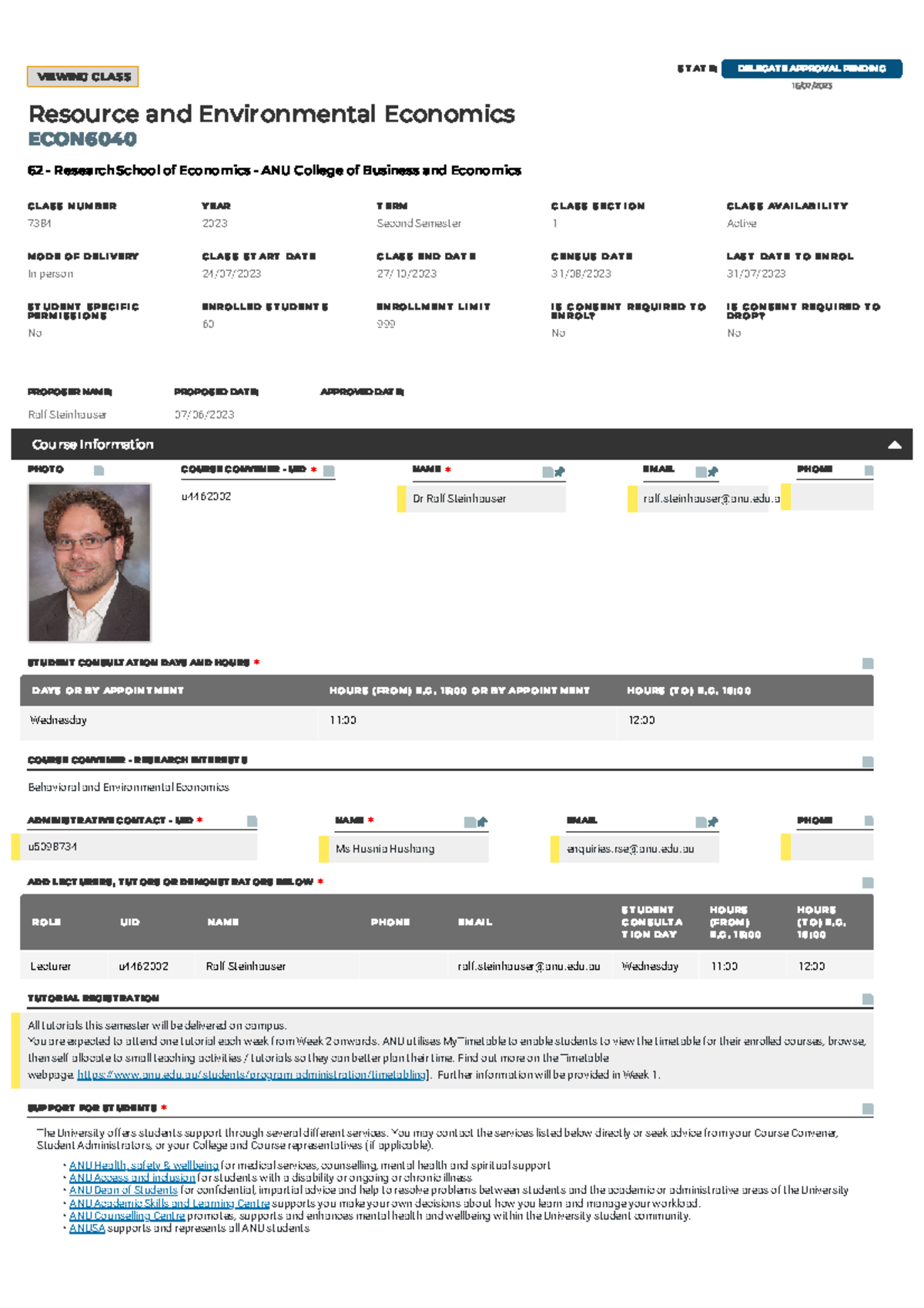 Class - ECON6040 Environmental and Resource Economics Second Semester, 2023 - VIEWING CLASS S T ...