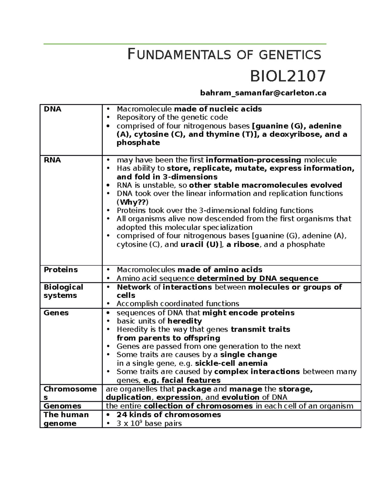 BIOL 2107 Review - Lecture notes 1-3 - FUNDAMENTALS OF GENETICS ...