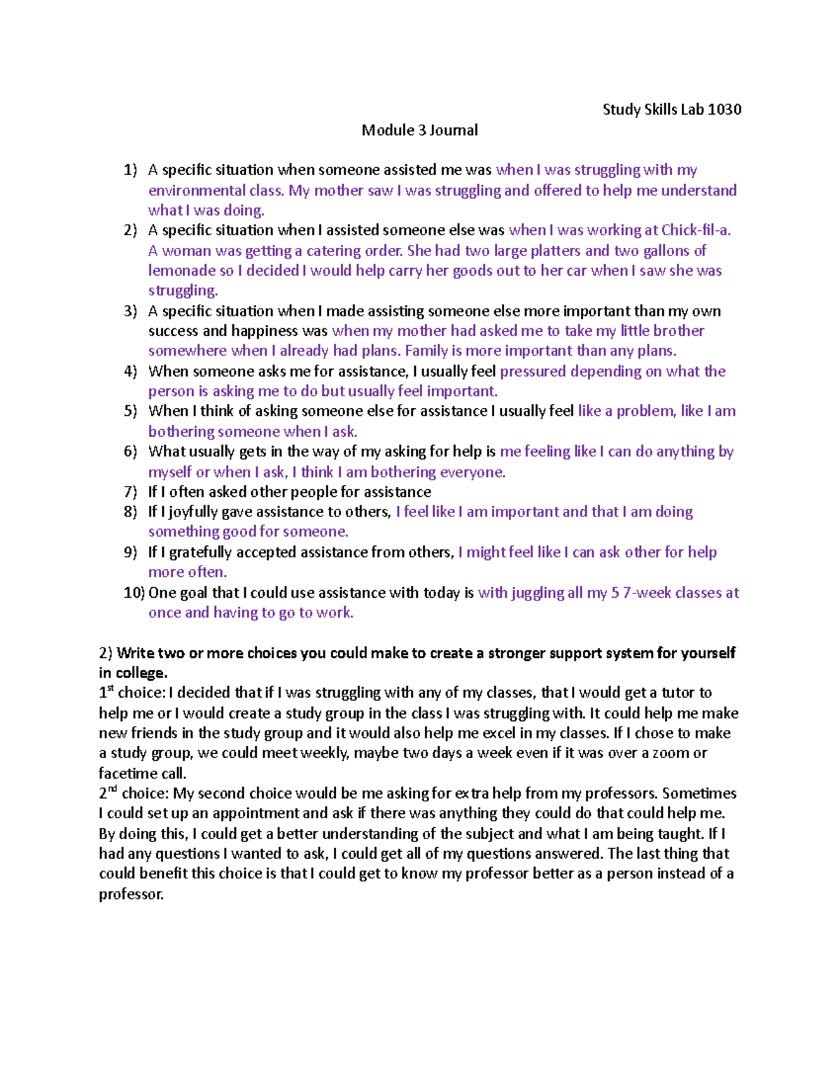 Module 3 journal - Study Skills Lab 1030 Module 3 Journal A specific ...