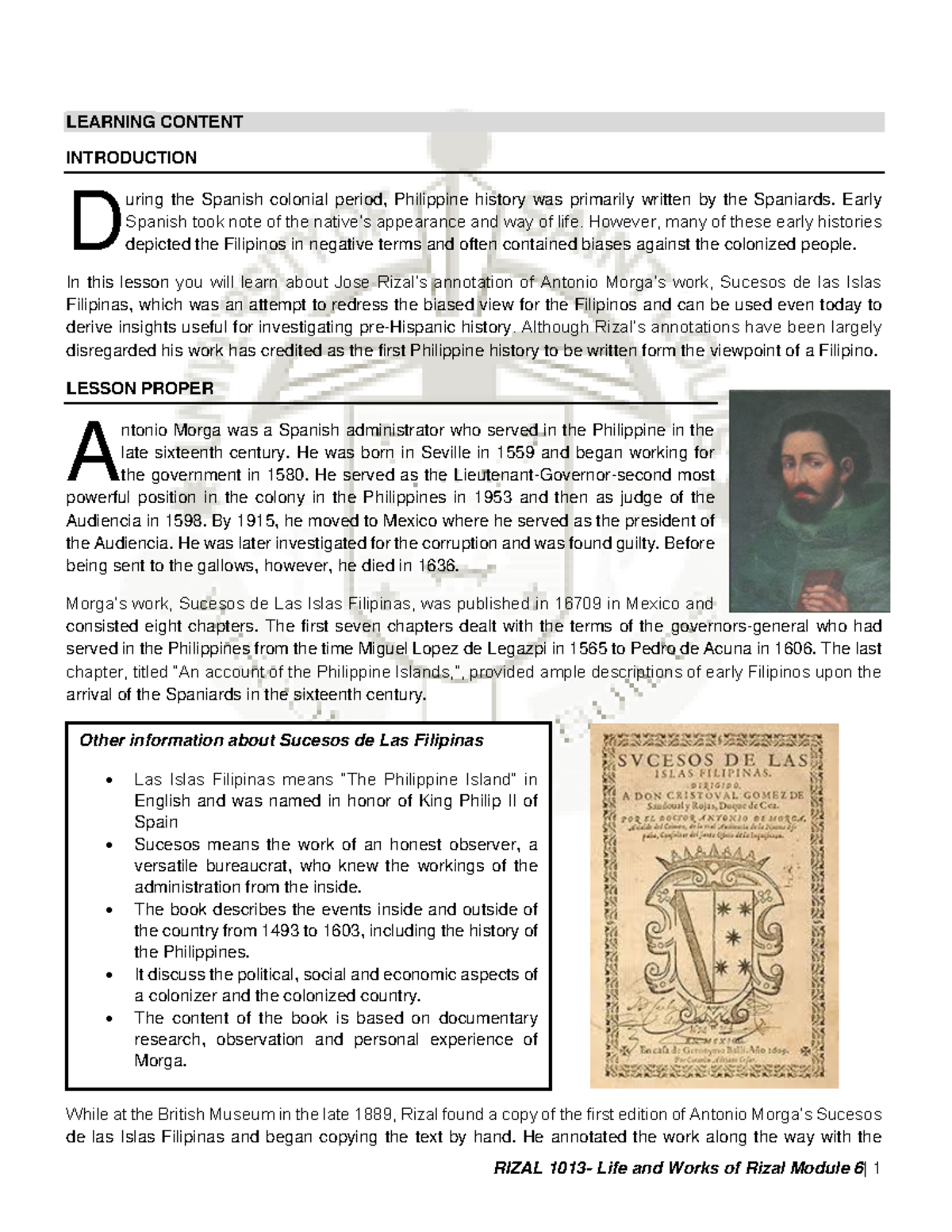 WEEK 11 AND 12 Module Rizal - LEARNING CONTENT INTRODUCTION uring the ...