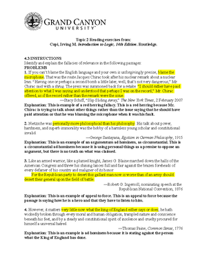 COM-362 T2 reading exercises - Topic 2 Reading exercises from: Copi, Irving M. Introduction to ...