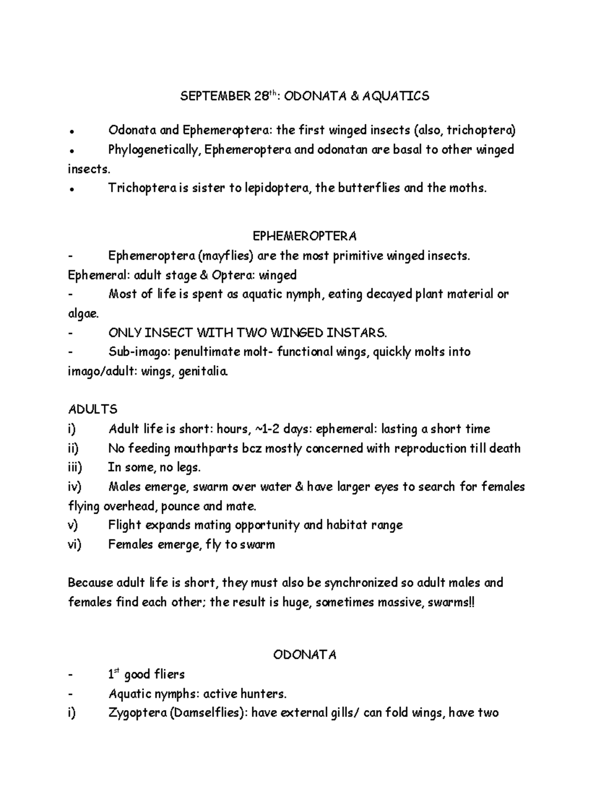 insect biology exam 2 notes/lecture notes - SEPTEMBER 28th: ODONATA ...
