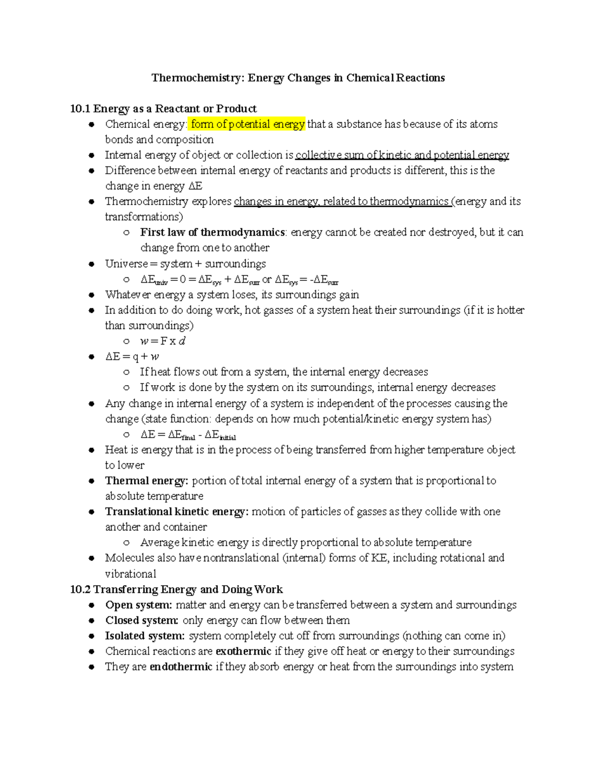 Chapter 10 notes - Thermochemistry: Energy Changes in Chemical ...