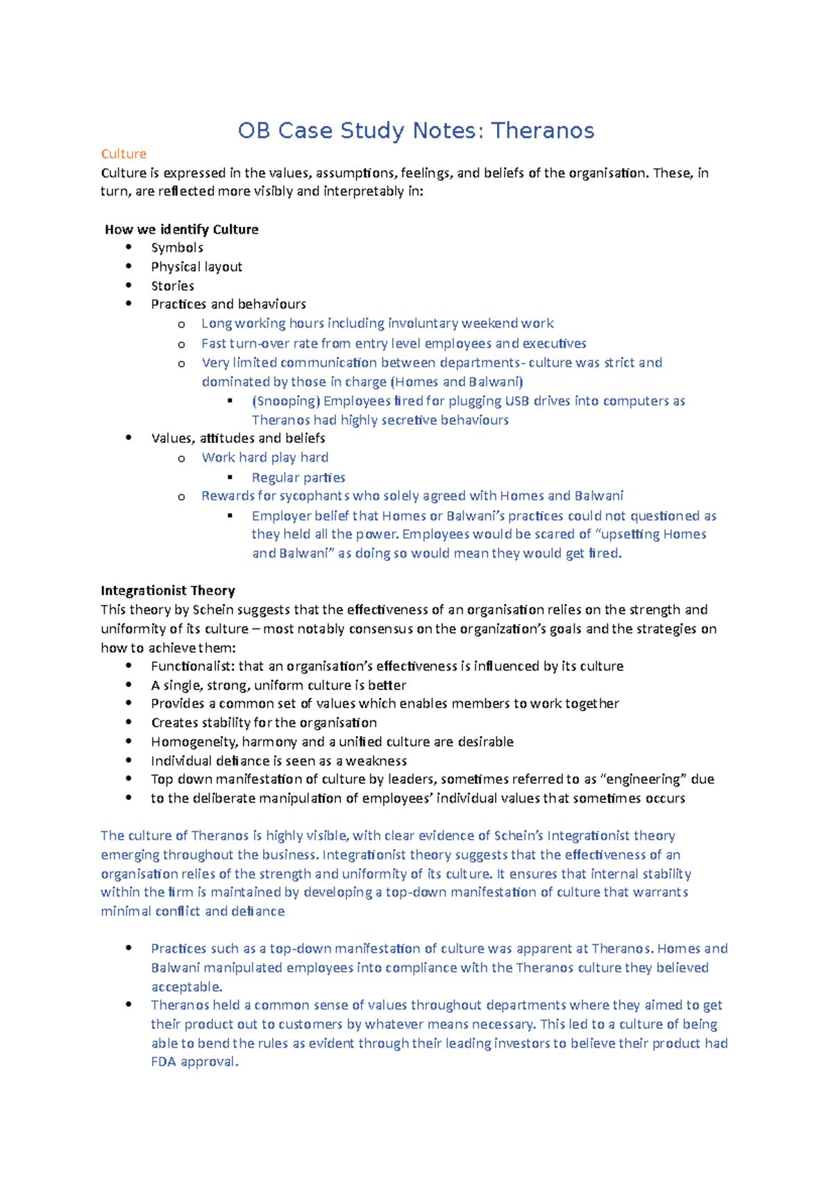 OB- Thernaos - OB Case Study Notes: Theranos Culture Culture is ...
