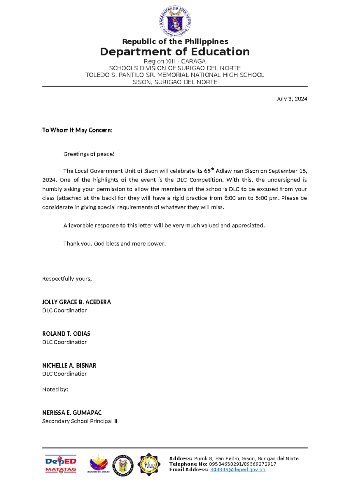 School Letter Head New Footer - Republic of the Philippines Department ...