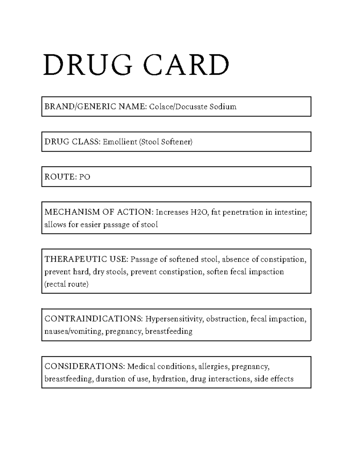 Week 8 Drug Cards (5) - DRUG CARD BRAND/GENERIC NAME: Colace/Docusate ...