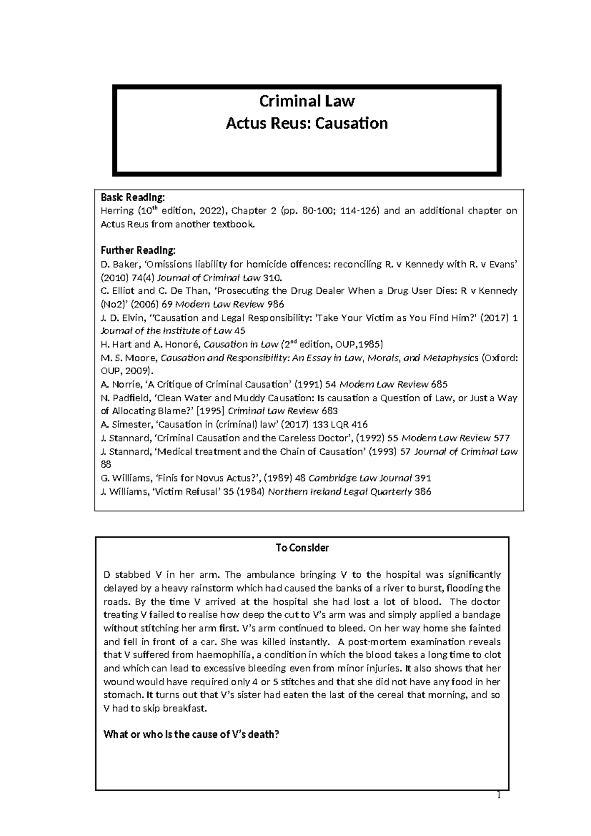 Actus Reus Causation Criminal Law Actus Reus Causation Basic Reading Herring 10th Edition