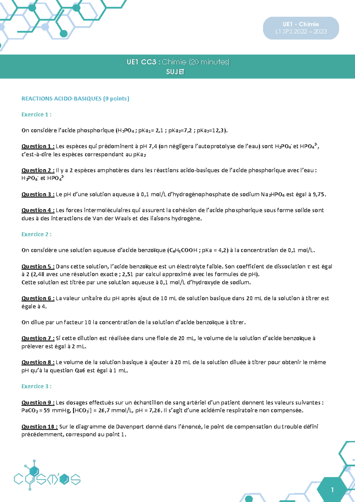 CC3- Enonce - vgnb - UE2 - Biochimie L1 SPS 2022- 1 UE2 - Biochimie L1 ...