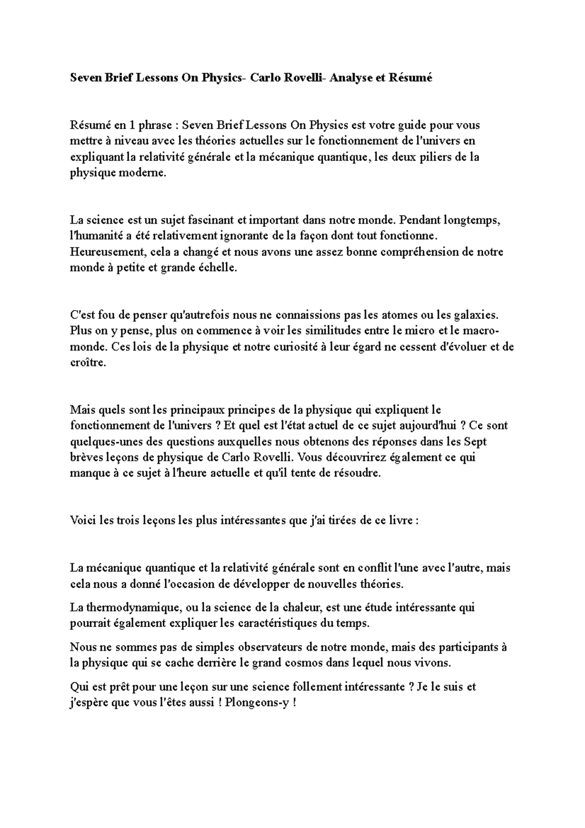 Seven Brief Lessons On Physics- Carlo Rovelli- Analyse et Résumé - La ...