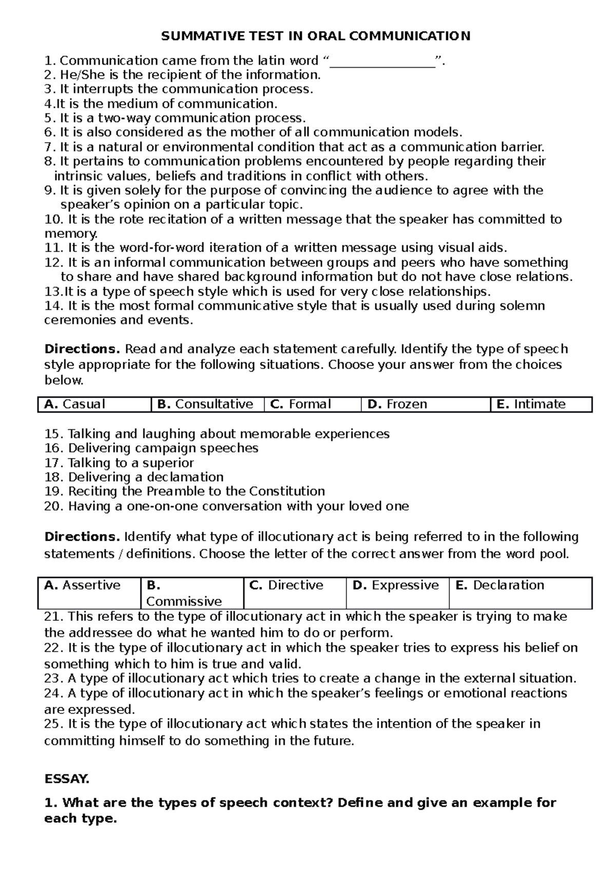 Summative TEST 1ST - SUMMATIVE TEST IN ORAL COMMUNICATION Communication ...