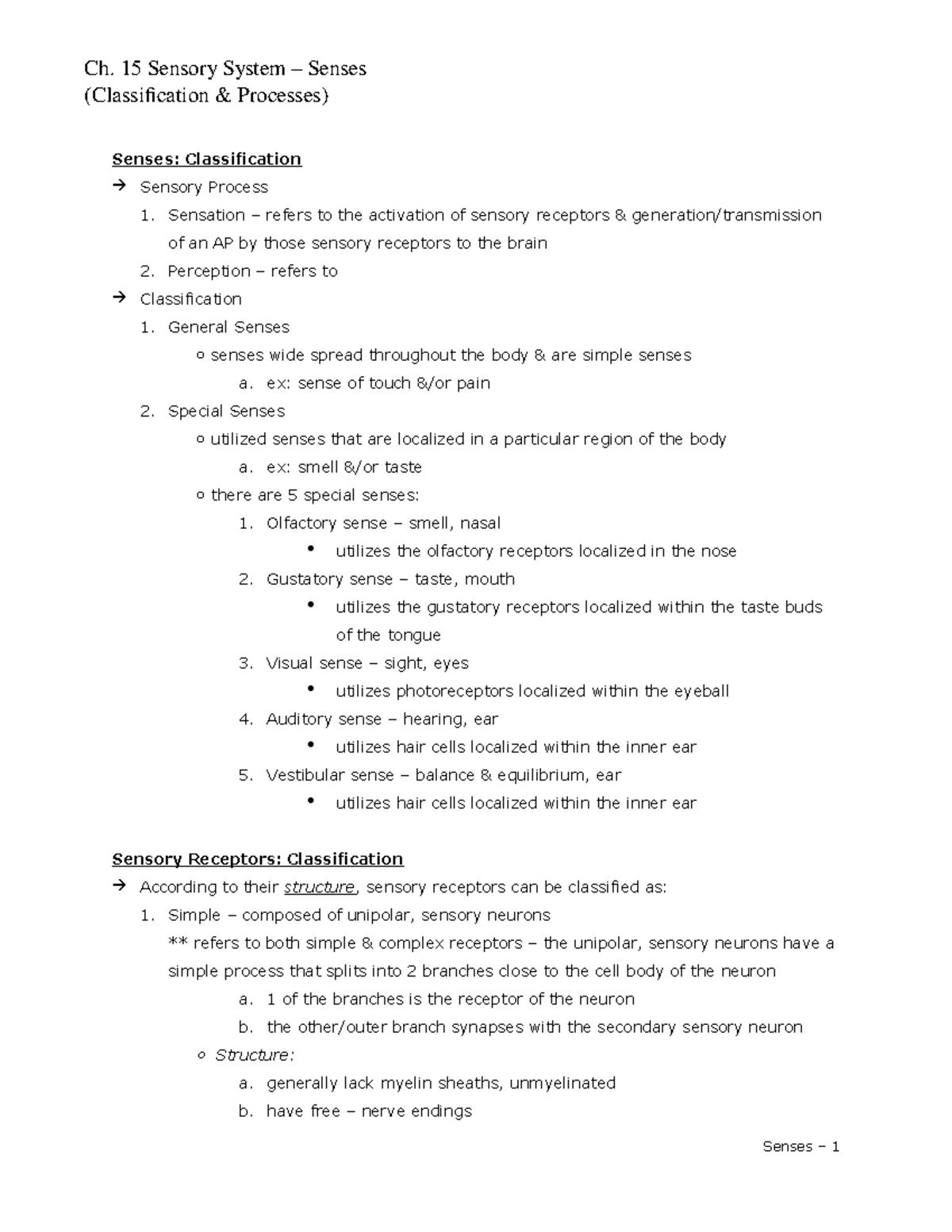 Sensory system anatomy - Ch. 15 Sensory System – Senses (Classification ...