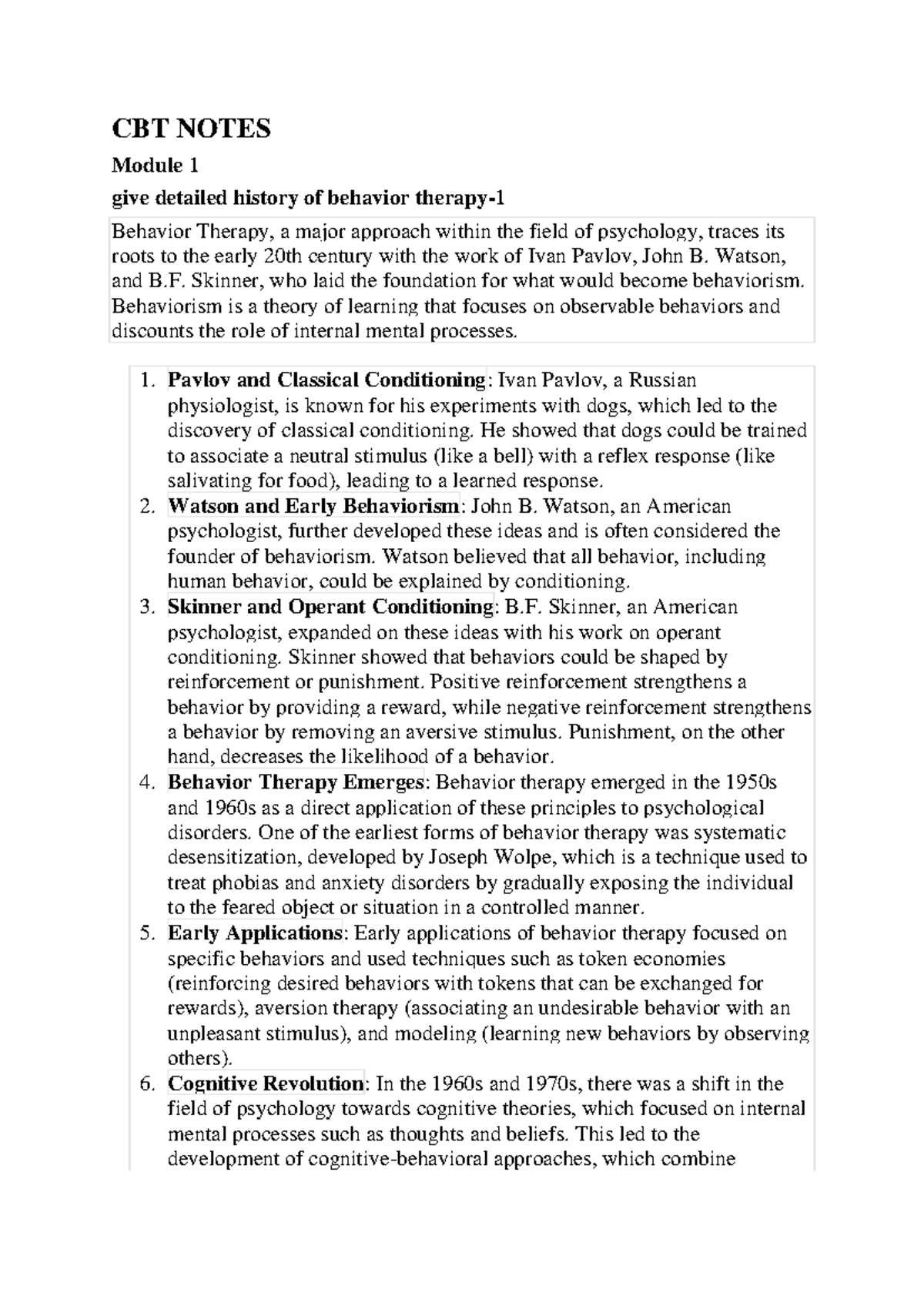 Final CBT Notes - CBT NOTES Module 1 give detailed history of behavior ...