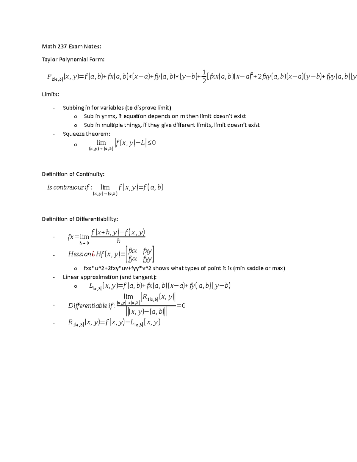 Math 237 Exam notes - Math 237 Exam Notes: Taylor Polynomial Form: 1 P2 ...