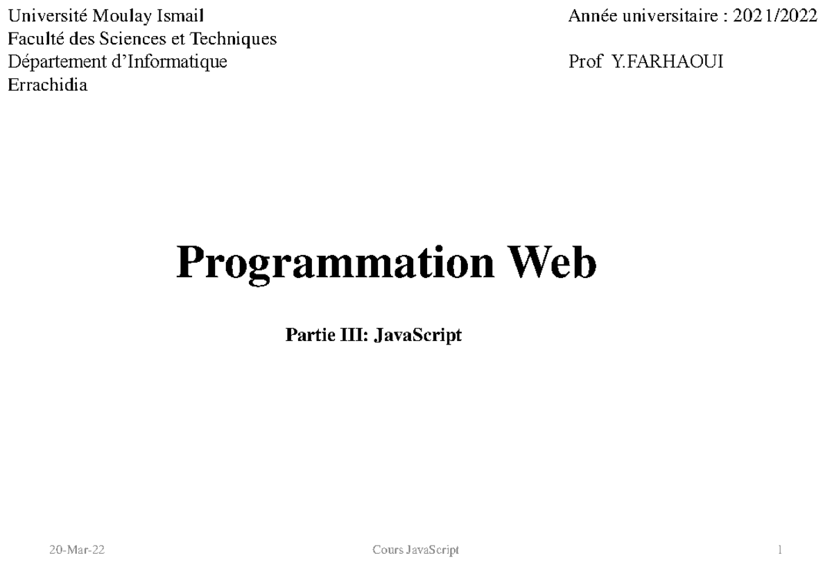 Cours javascript - Partie III: JavaScript Université Moulay Ismail ...