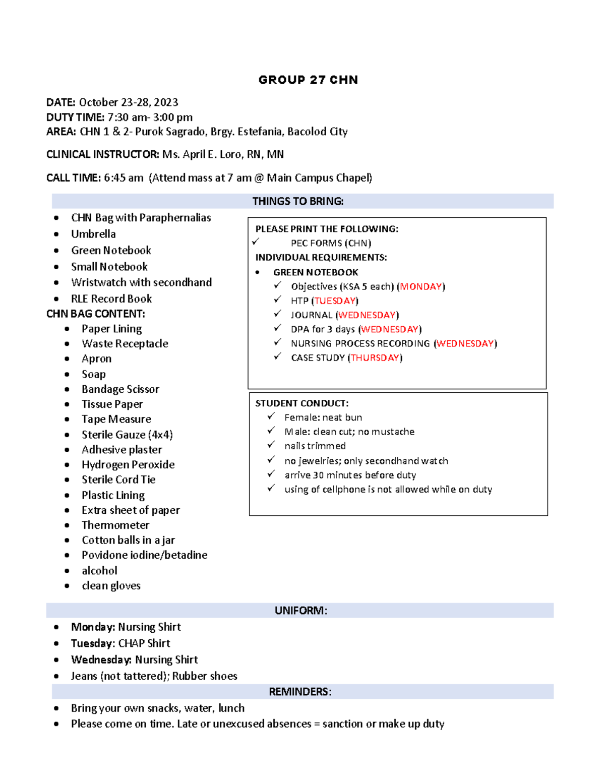 2 Lobbying 5 - DATE: October 23-28, 2023 GROUP 27 CHN DUTY TIME: 7:30 am- 3:00 pm AREA: CHN 1 ...